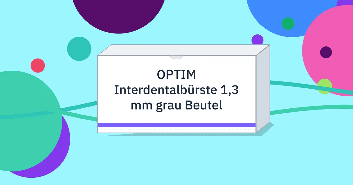 Symbolbild: Packung mit der Aufschrift OPTIM Interdentalbürste 1,3 mm grau Beutel (PZN 16237709) – Verfügbarkeit und Bezug in Apotheken in Frankfurt am Main