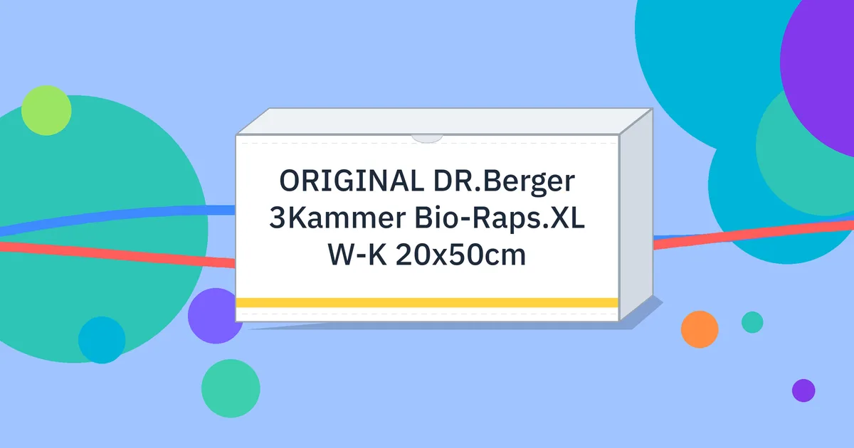 Symbolbild: Packung mit der Aufschrift ORIGINAL DR.Berger 3Kammer Bio-Raps.XL W-K 20x50cm (PZN 11865097) – Verfügbarkeit und Bezug in Apotheken in Frankfurt am Main