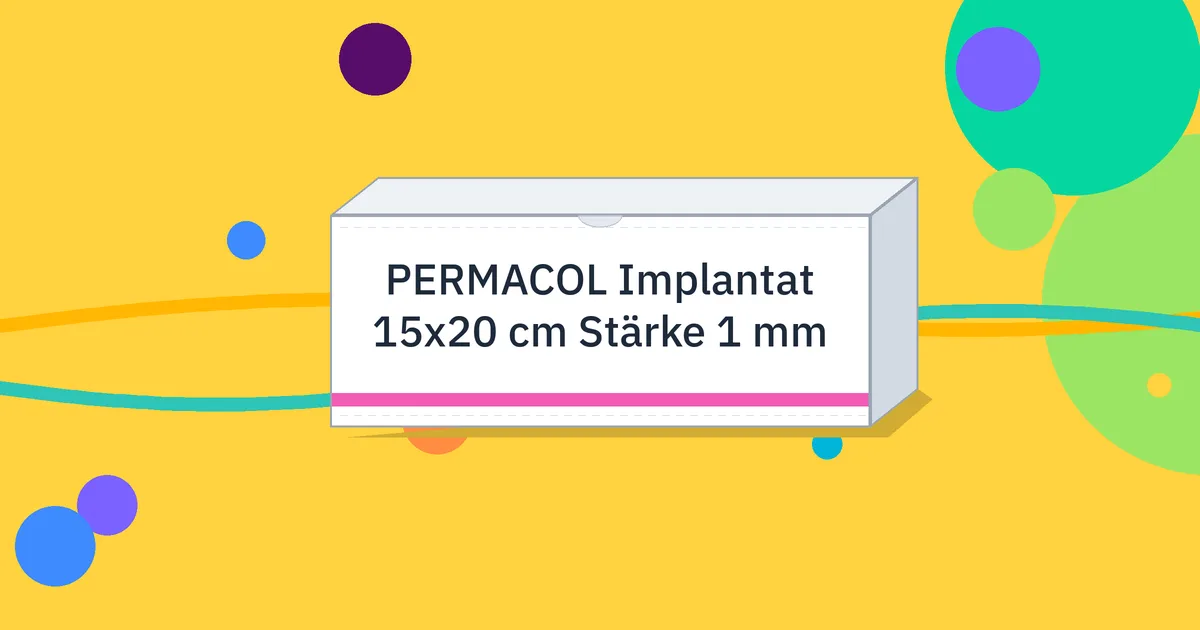 Symbolbild: Packung mit der Aufschrift PERMACOL Implantat 15x20 cm Stärke 1 mm (PZN 05869688) – Verfügbarkeit und Bezug in Apotheken in Frankfurt am Main