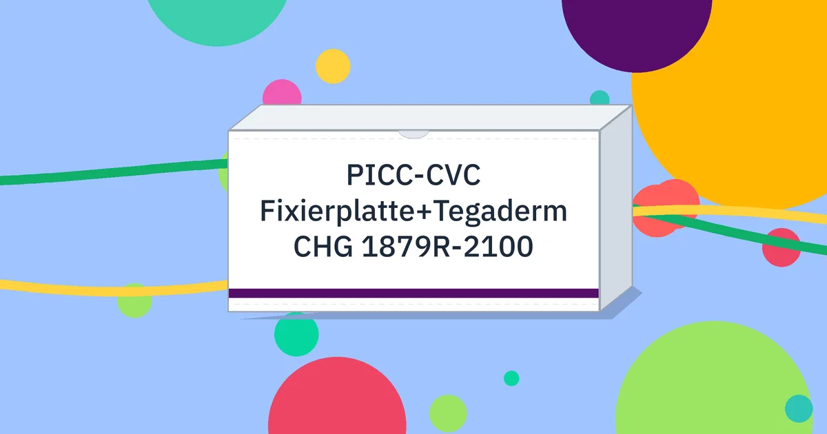 Symbolbild: Packung mit der Aufschrift PICC-CVC Fixierplatte+Tegaderm CHG 1879R-2100 (PZN 20129523) – Verfügbarkeit und Bezug in Apotheken in Frankfurt am Main