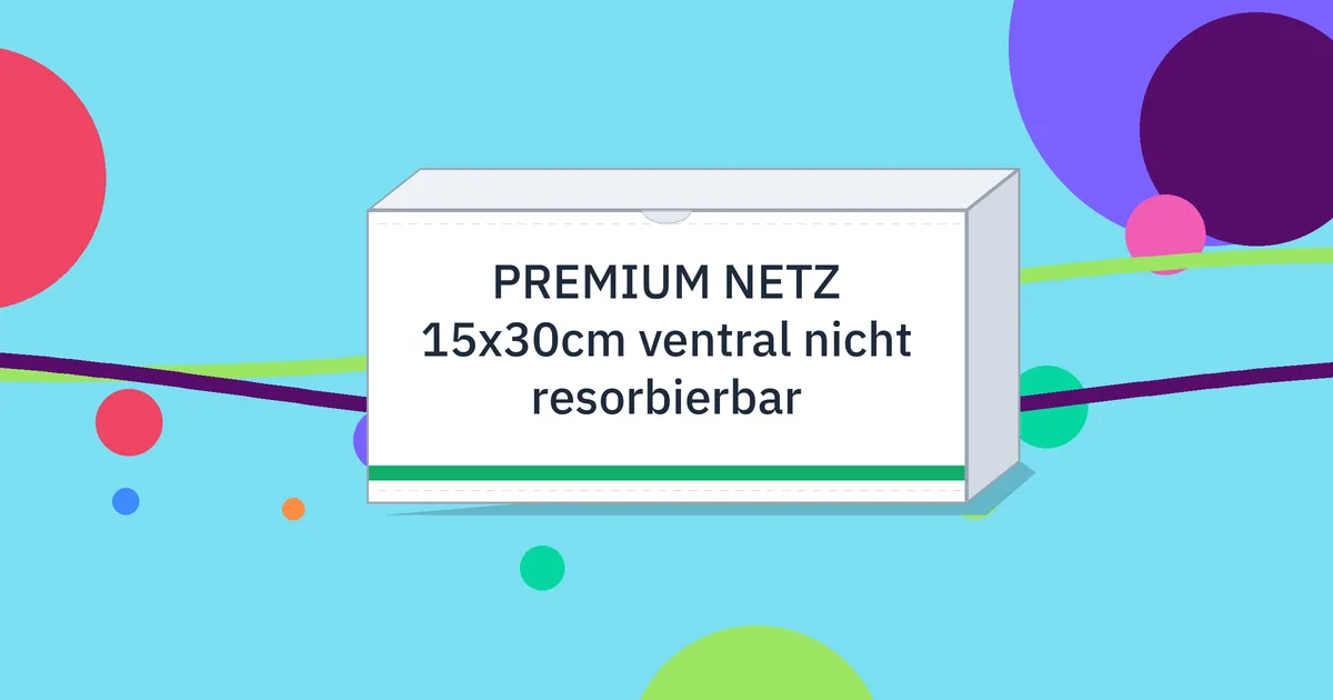 Symbolbild: Packung mit der Aufschrift PREMIUM NETZ 15x30cm ventral nicht resorbierbar (PZN 19505116) – Verfügbarkeit und Bezug in Apotheken in Frankfurt am Main