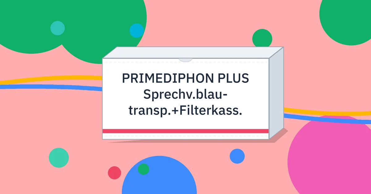 Symbolbild: Packung mit der Aufschrift PRIMEDIPHON PLUS Sprechv.blau-transp.+Filterkass. (PZN 11772160) – Verfügbarkeit und Bezug in Apotheken in Frankfurt am Main