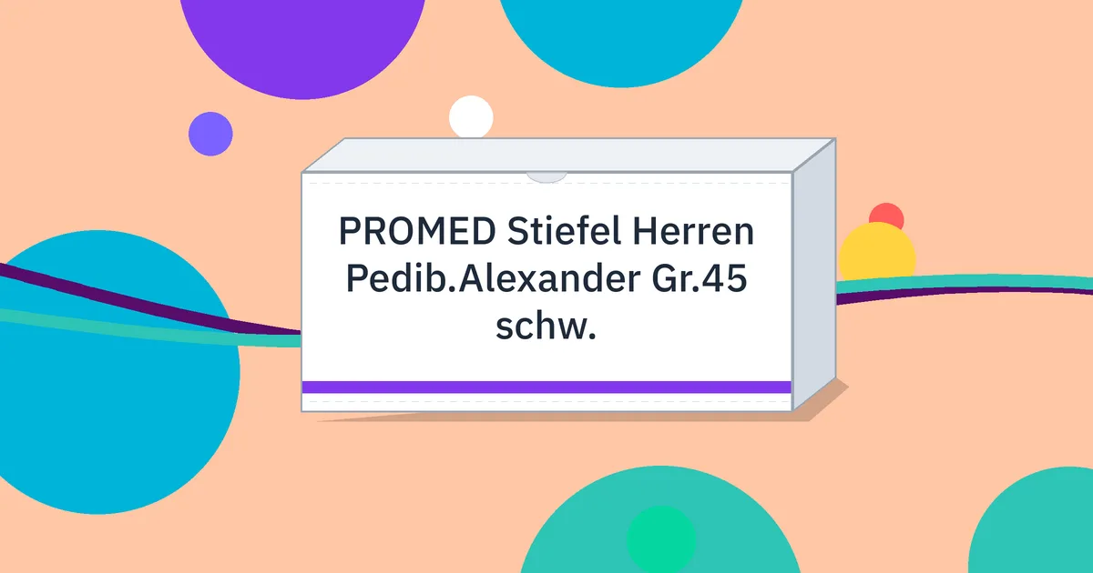 Symbolbild: Packung mit der Aufschrift PROMED Stiefel Herren Pedib.Alexander Gr.45 schw. (PZN 11710348) – Verfügbarkeit und Bezug in Apotheken in Frankfurt am Main
