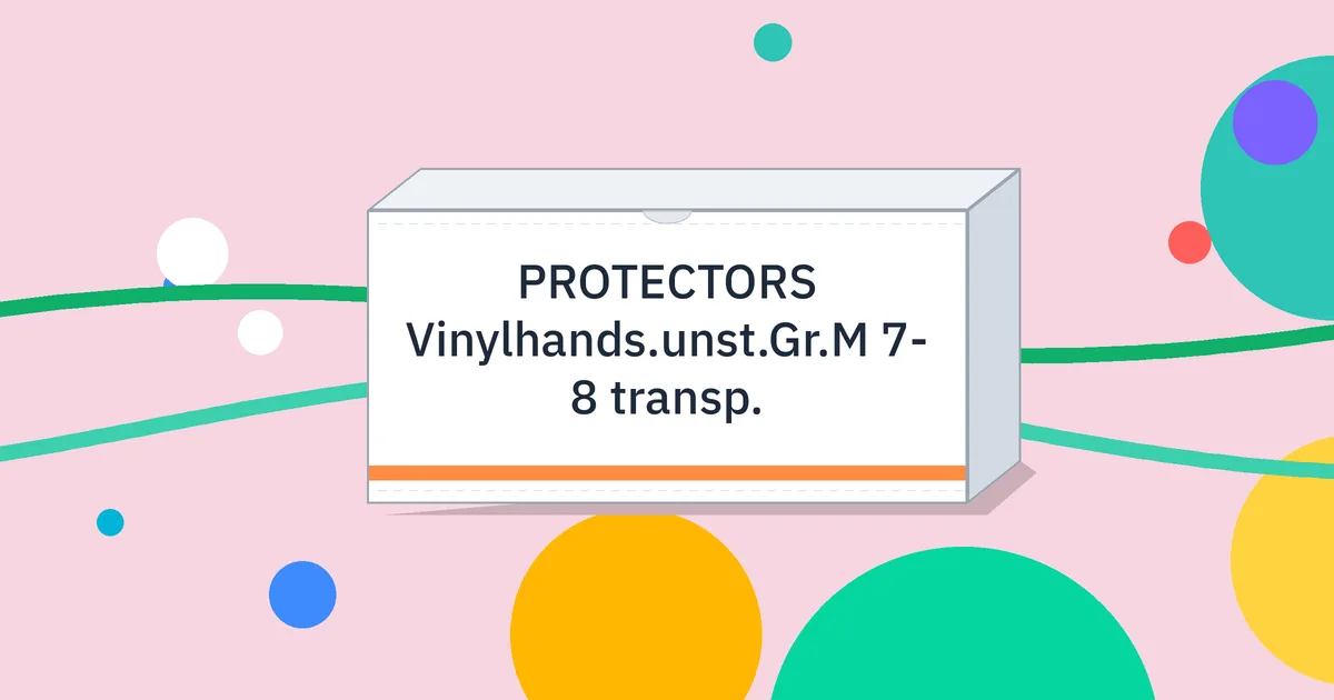 Symbolbild: Packung mit der Aufschrift PROTECTORS Vinylhands.unst.Gr.M 7-8 transp. (PZN 04686974) – Verfügbarkeit und Bezug in Apotheken in Frankfurt am Main