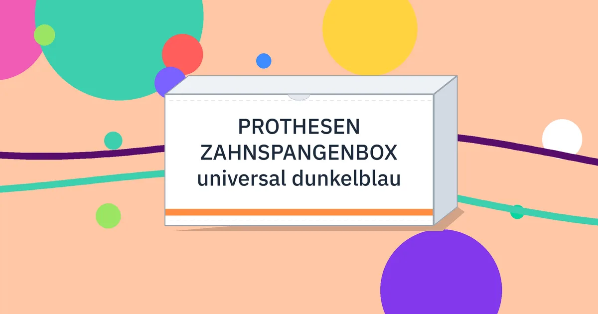 Symbolbild: Packung mit der Aufschrift PROTHESEN ZAHNSPANGENBOX universal dunkelblau (PZN 03150616) – Verfügbarkeit und Bezug in Apotheken in Frankfurt am Main
