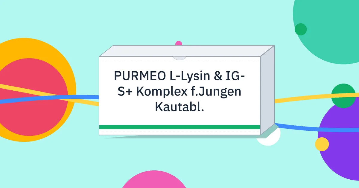 Symbolbild: Packung mit der Aufschrift PURMEO L-Lysin & IG-S+ Komplex f.Jungen Kautabl. (PZN 20286493) – Verfügbarkeit und Bezug in Apotheken in Frankfurt am Main