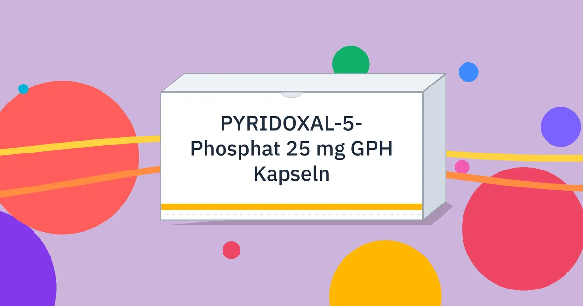 Symbolbild: Packung mit der Aufschrift PYRIDOXAL-5-Phosphat 25 mg GPH Kapseln (PZN 20091105) – Verfügbarkeit und Bezug in Apotheken in Frankfurt am Main