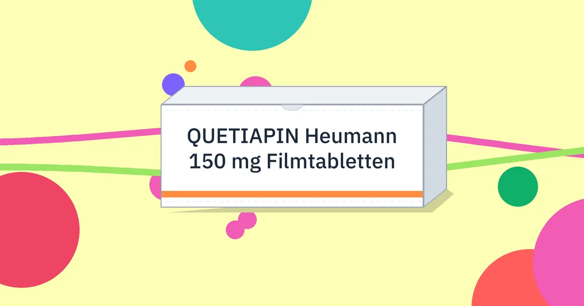 Symbolbild: Packung mit der Aufschrift QUETIAPIN Heumann 150 mg Filmtabletten (PZN 01786741) – Verfügbarkeit und Bezug in Apotheken in Frankfurt am Main