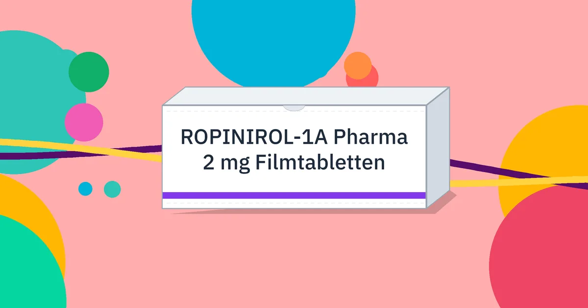 Symbolbild: Packung mit der Aufschrift ROPINIROL-1A Pharma 2 mg Filmtabletten (PZN 08860966) – Verfügbarkeit und Bezug in Apotheken in Frankfurt am Main