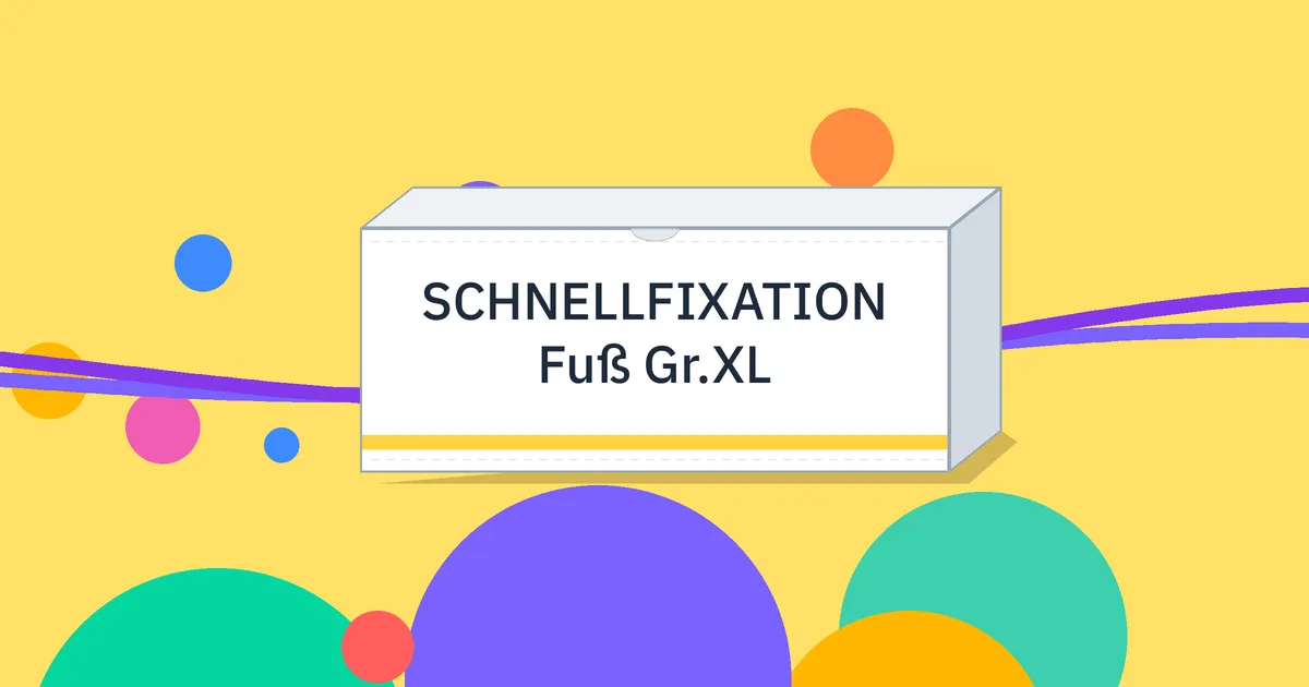 Symbolbild: Packung mit der Aufschrift SCHNELLFIXATION Fuß Gr.XL (PZN 10947433) – Verfügbarkeit und Bezug in Apotheken in Frankfurt am Main