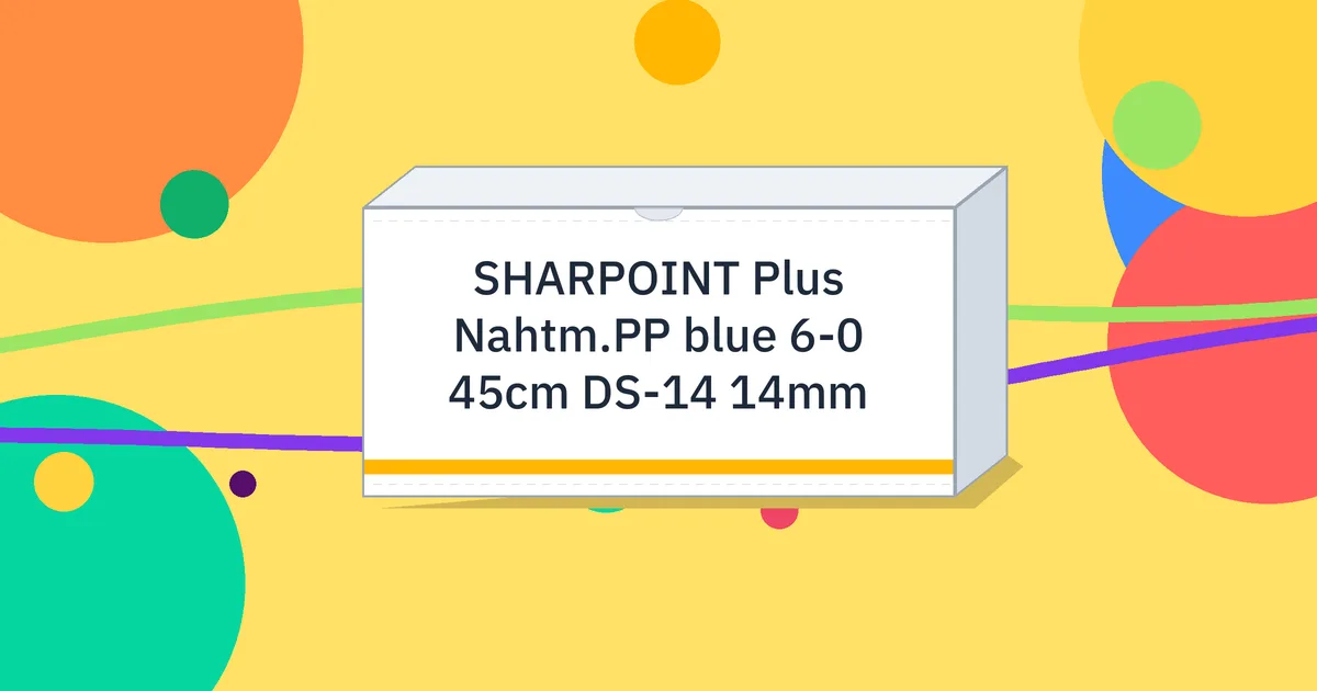 Symbolbild: Packung mit der Aufschrift SHARPOINT Plus Nahtm.PP blue 6-0 45cm DS-14 14mm (PZN 17985595) – Verfügbarkeit und Bezug in Apotheken in Frankfurt am Main