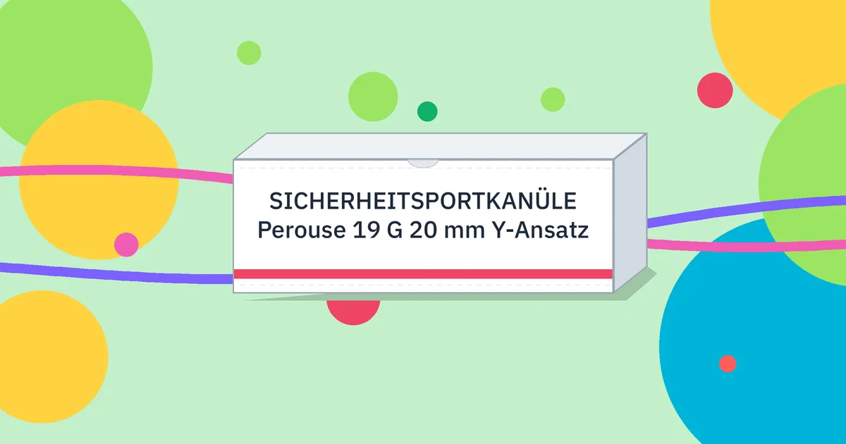 Symbolbild: Packung mit der Aufschrift SICHERHEITSPORTKANÜLE Perouse 19 G 20 mm Y-Ansatz (PZN 08782574) – Verfügbarkeit und Bezug in Apotheken in Frankfurt am Main