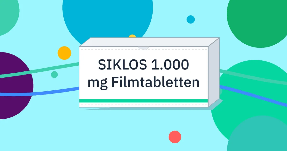 Symbolbild: Packung mit der Aufschrift SIKLOS 1.000 mg Filmtabletten (PZN 18198155) – Verfügbarkeit und Bezug in Apotheken in Frankfurt am Main