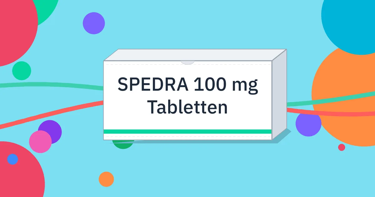 Symbolbild: Packung mit der Aufschrift SPEDRA 100 mg Tabletten (PZN 10130531) – Verfügbarkeit und Bezug in Apotheken in Frankfurt am Main