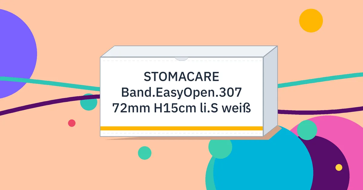 Symbolbild: Packung mit der Aufschrift STOMACARE Band.EasyOpen.307 72mm H15cm li.S weiß (PZN 09109276) – Verfügbarkeit und Bezug in Apotheken in Frankfurt am Main