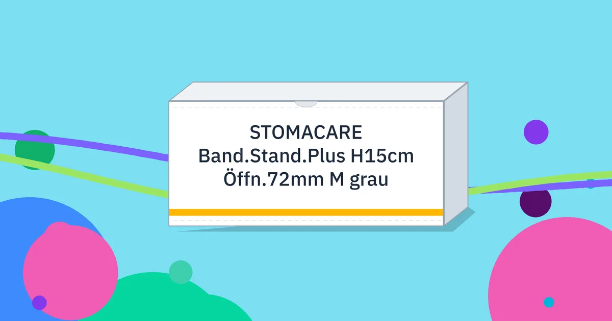 Symbolbild: Packung mit der Aufschrift STOMACARE Band.Stand.Plus H15cm Öffn.72mm M grau (PZN 16750358) – Verfügbarkeit und Bezug in Apotheken in Frankfurt am Main