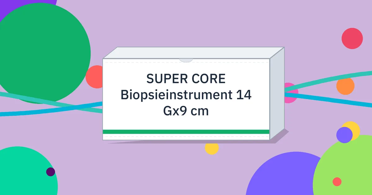 Symbolbild: Packung mit der Aufschrift SUPER CORE Biopsieinstrument 14 Gx9 cm (PZN 06770791) – Verfügbarkeit und Bezug in Apotheken in Frankfurt am Main