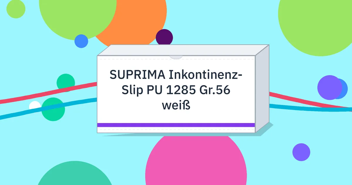 Symbolbild: Packung mit der Aufschrift SUPRIMA Inkontinenz-Slip PU 1285 Gr.56 weiß (PZN 12484486) – Verfügbarkeit und Bezug in Apotheken in Frankfurt am Main