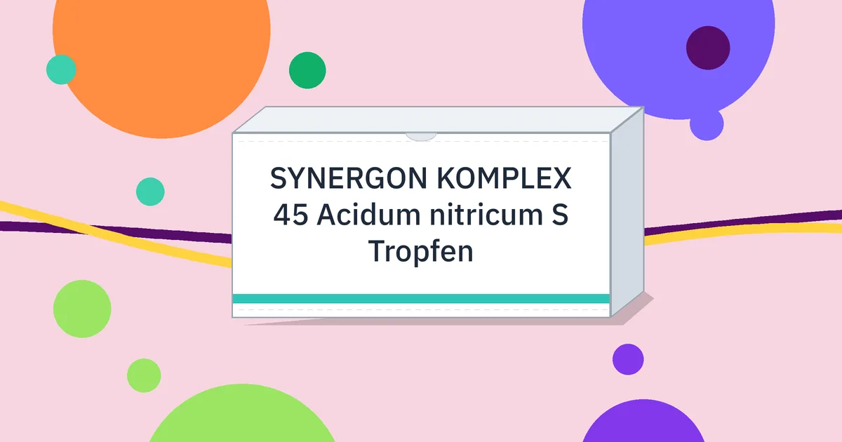 Symbolbild: Packung mit der Aufschrift SYNERGON KOMPLEX 45 Acidum nitricum S Tropfen (PZN 19874581) – Verfügbarkeit und Bezug in Apotheken in Frankfurt am Main