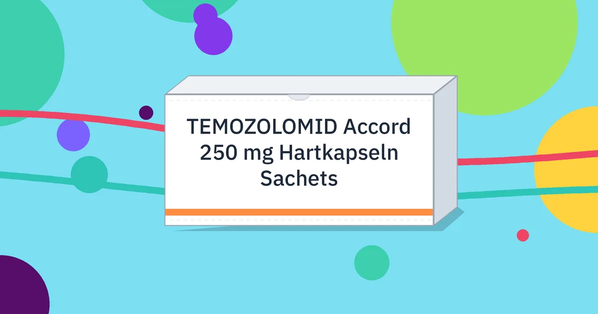 Symbolbild: Packung mit der Aufschrift TEMOZOLOMID Accord 250 mg Hartkapseln Sachets (PZN 16563946) – Verfügbarkeit und Bezug in Apotheken in Frankfurt am Main