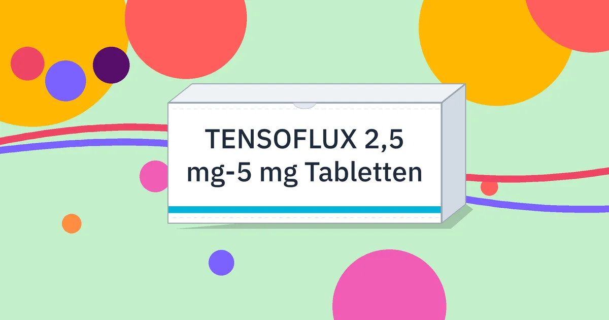 Symbolbild: Packung mit der Aufschrift TENSOFLUX 2,5 mg-5 mg Tabletten (PZN 03127959) – Verfügbarkeit und Bezug in Apotheken in Frankfurt am Main