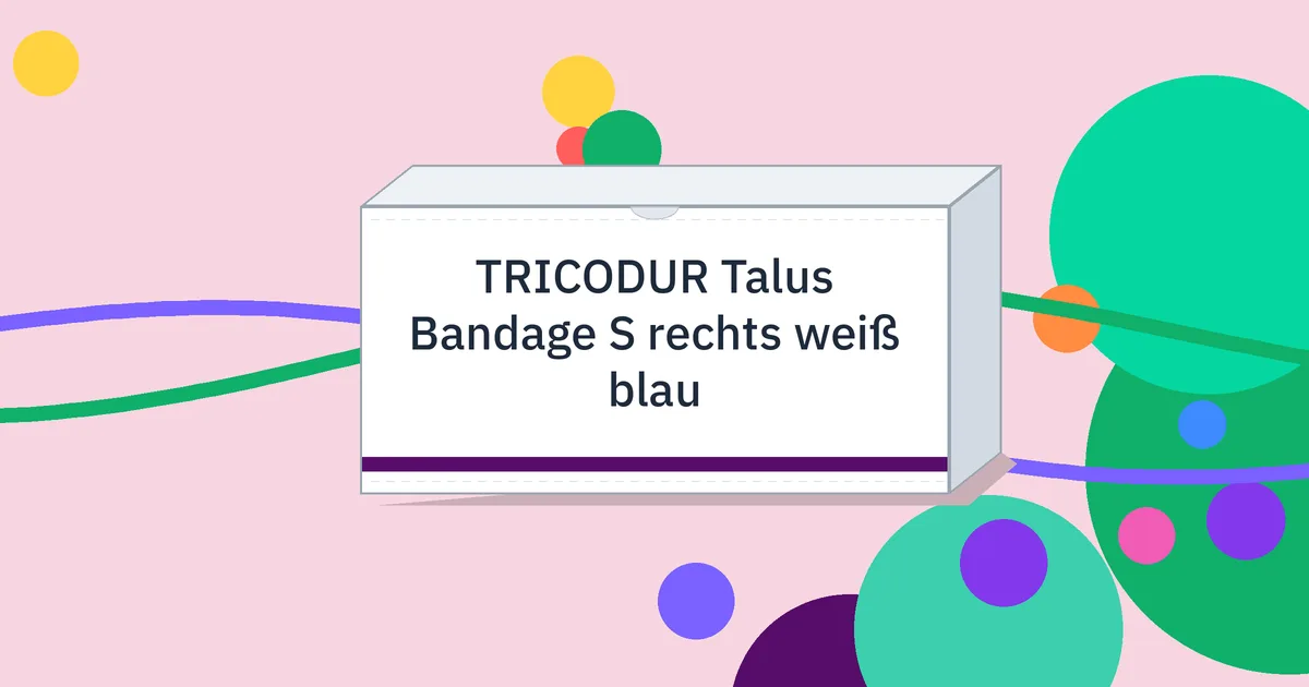 Symbolbild: Packung mit der Aufschrift TRICODUR Talus Bandage S rechts weiß blau (PZN 03094415) – Verfügbarkeit und Bezug in Apotheken in Frankfurt am Main