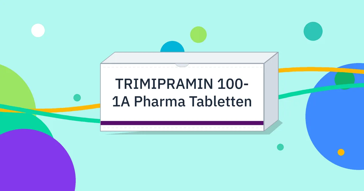 Symbolbild: Packung mit der Aufschrift TRIMIPRAMIN 100-1A Pharma Tabletten (PZN 01664216) – Verfügbarkeit und Bezug in Apotheken in Frankfurt am Main