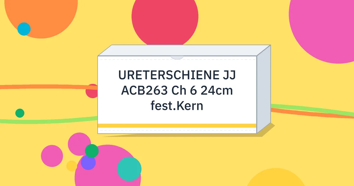 Symbolbild: Packung mit der Aufschrift URETERSCHIENE JJ ACB263 Ch 6 24cm fest.Kern (PZN 01358100) – Verfügbarkeit und Bezug in Apotheken in Frankfurt am Main