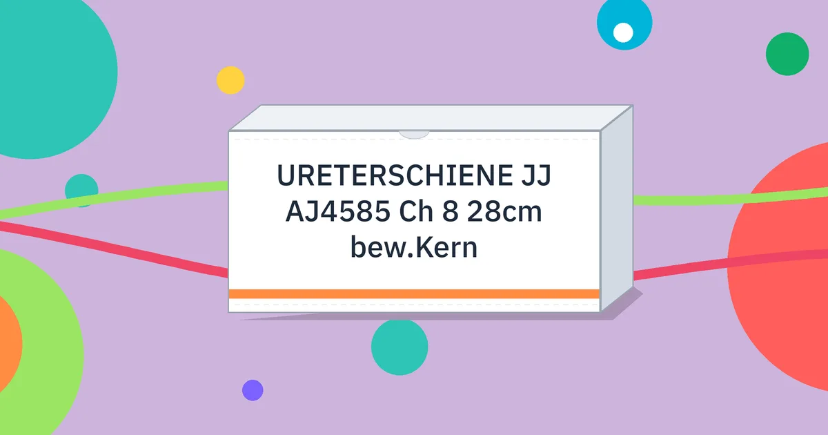 Symbolbild: Packung mit der Aufschrift URETERSCHIENE JJ AJ4585 Ch 8 28cm bew.Kern (PZN 01357425) – Verfügbarkeit und Bezug in Apotheken in Frankfurt am Main