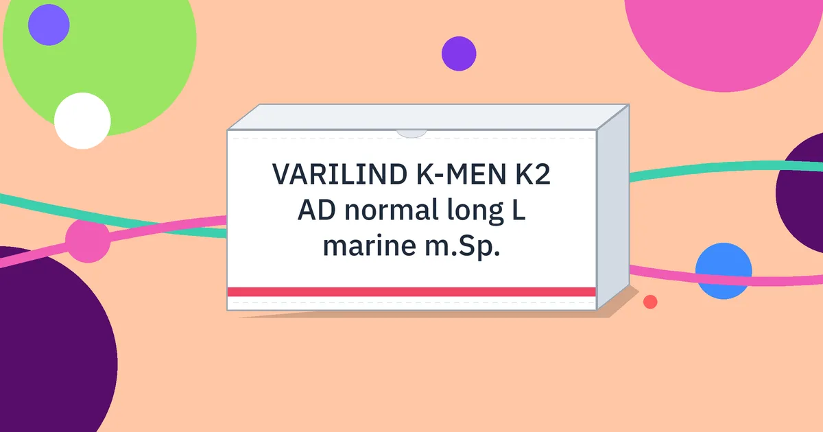 Symbolbild: Packung mit der Aufschrift VARILIND K-MEN K2 AD normal long L marine m.Sp. (PZN 20569386) – Verfügbarkeit und Bezug in Apotheken in Frankfurt am Main