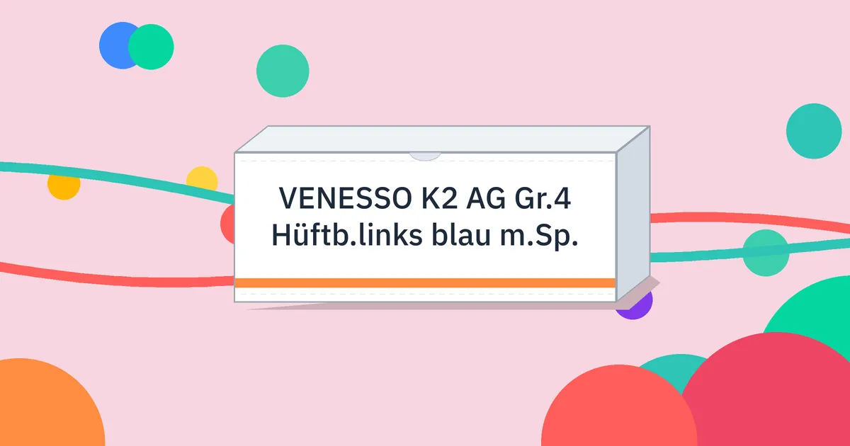 Symbolbild: Packung mit der Aufschrift VENESSO K2 AG Gr.4 Hüftb.links blau m.Sp. (PZN 03267413) – Verfügbarkeit und Bezug in Apotheken in Frankfurt am Main