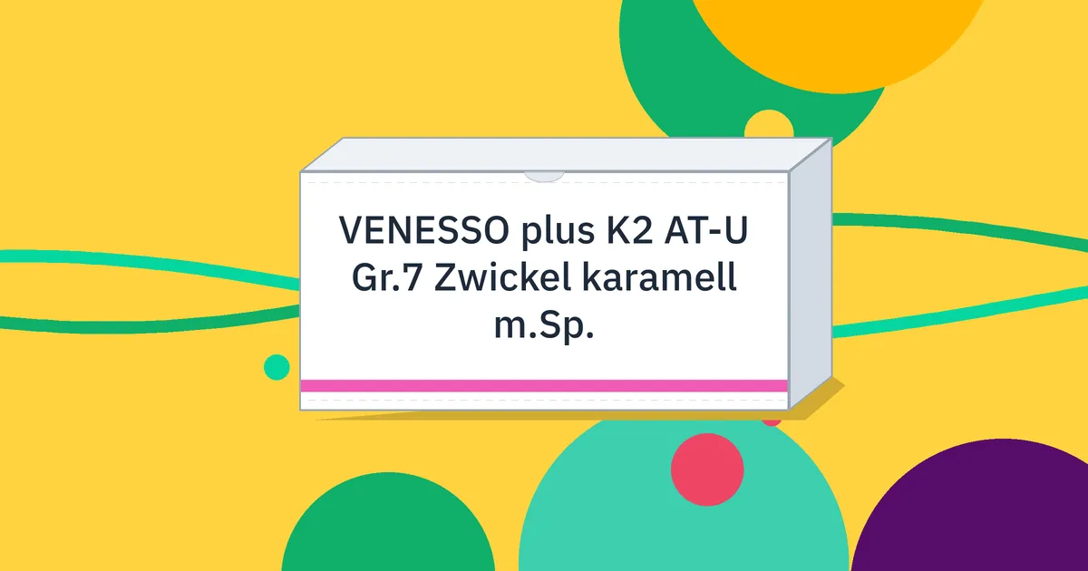 Symbolbild: Packung mit der Aufschrift VENESSO plus K2 AT-U Gr.7 Zwickel karamell m.Sp. (PZN 13759867) – Verfügbarkeit und Bezug in Apotheken in Frankfurt am Main