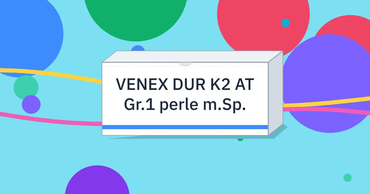 Symbolbild: Packung mit der Aufschrift VENEX DUR K2 AT Gr.1 perle m.Sp. (PZN 03221730) – Verfügbarkeit und Bezug in Apotheken in Frankfurt am Main