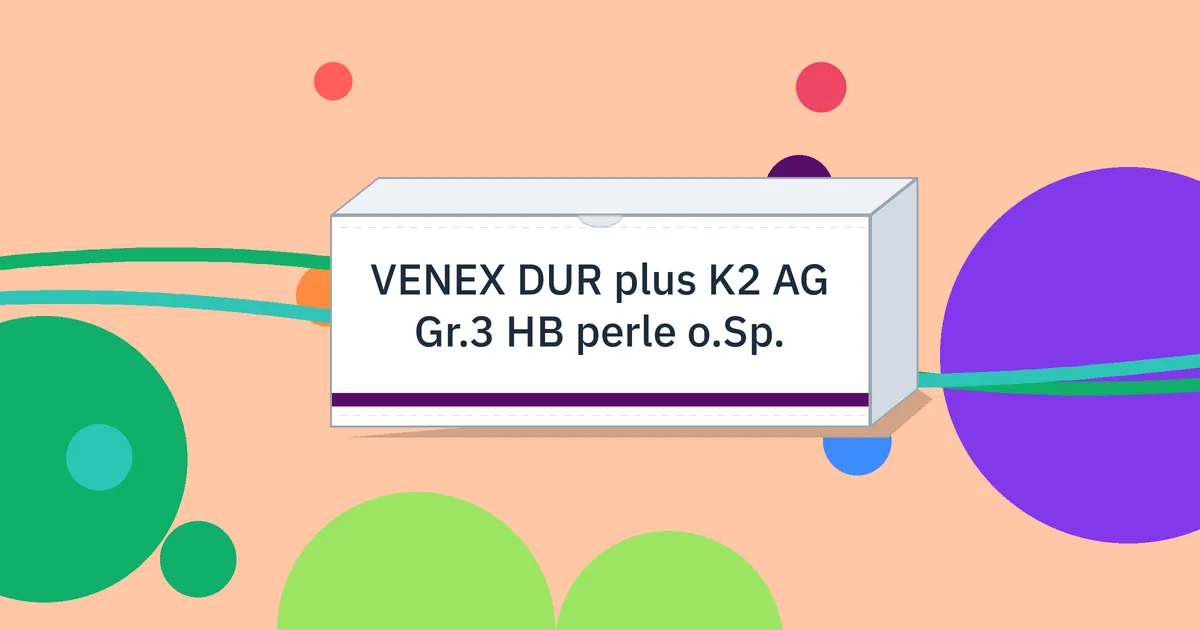 Symbolbild: Packung mit der Aufschrift VENEX DUR plus K2 AG Gr.3 HB perle o.Sp. (PZN 03237406) – Verfügbarkeit und Bezug in Apotheken in Frankfurt am Main