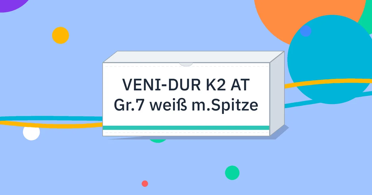 Symbolbild: Packung mit der Aufschrift VENI-DUR K2 AT Gr.7 weiß m.Spitze (PZN 03243967) – Verfügbarkeit und Bezug in Apotheken in Frankfurt am Main