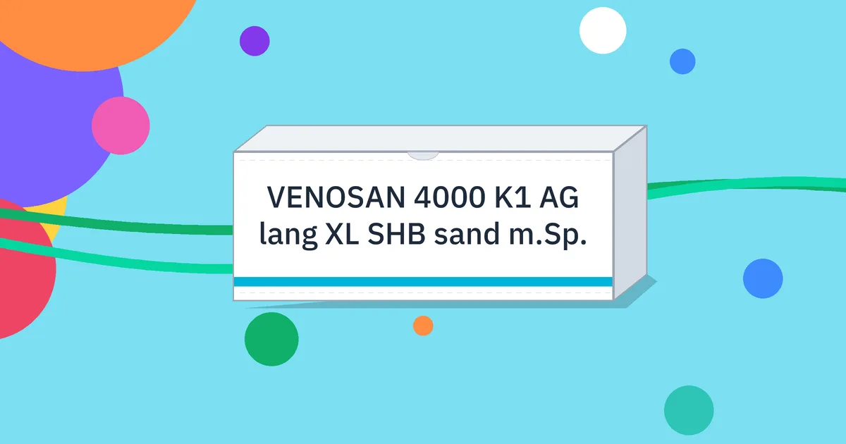 Symbolbild: Packung mit der Aufschrift VENOSAN 4000 K1 AG lang XL SHB sand m.Sp. (PZN 14422064) – Verfügbarkeit und Bezug in Apotheken in Frankfurt am Main