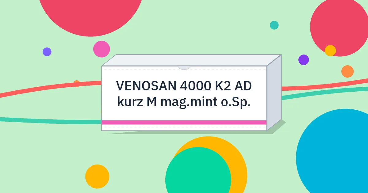 Symbolbild: Packung mit der Aufschrift VENOSAN 4000 K2 AD kurz M mag.mint o.Sp. (PZN 19153976) – Verfügbarkeit und Bezug in Apotheken in Frankfurt am Main