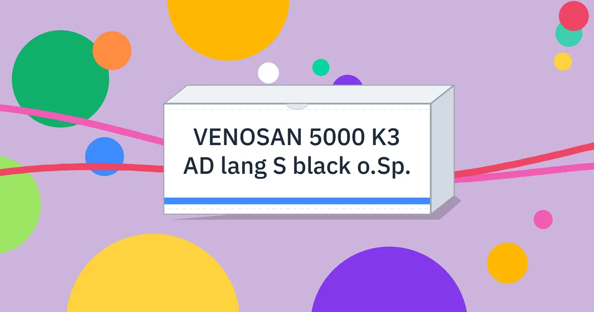 Symbolbild: Packung mit der Aufschrift VENOSAN 5000 K3 AD lang S black o.Sp. (PZN 14433843) – Verfügbarkeit und Bezug in Apotheken in Frankfurt am Main