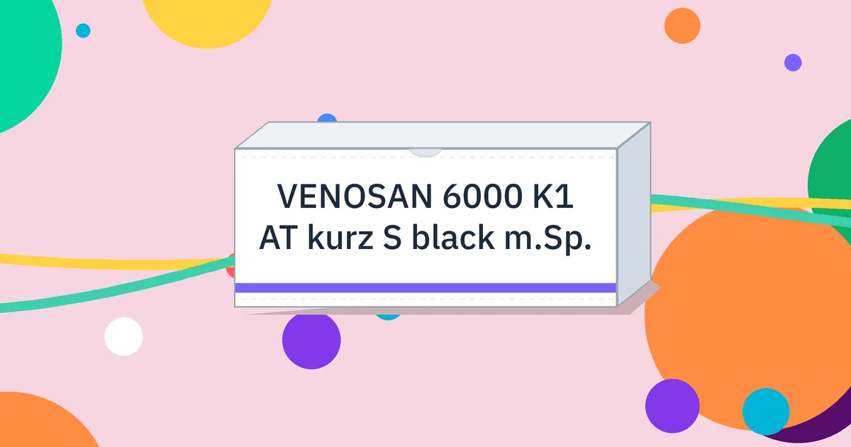 Symbolbild: Packung mit der Aufschrift VENOSAN 6000 K1 AT kurz S black m.Sp. (PZN 17172076) – Verfügbarkeit und Bezug in Apotheken in Frankfurt am Main