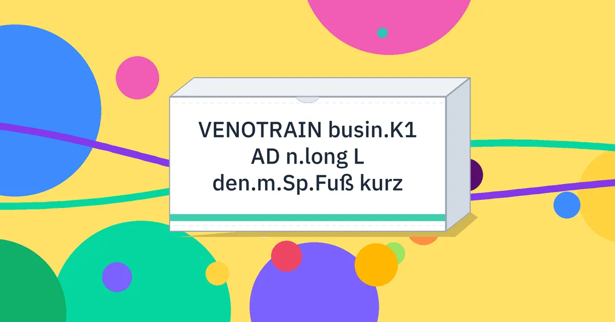 Symbolbild: Packung mit der Aufschrift VENOTRAIN busin.K1 AD n.long L den.m.Sp.Fuß kurz (PZN 19057416) – Verfügbarkeit und Bezug in Apotheken in Frankfurt am Main