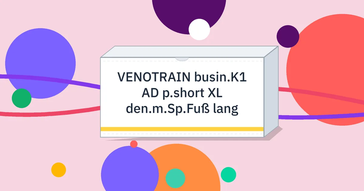 Symbolbild: Packung mit der Aufschrift VENOTRAIN busin.K1 AD p.short XL den.m.Sp.Fuß lang (PZN 19056687) – Verfügbarkeit und Bezug in Apotheken in Frankfurt am Main