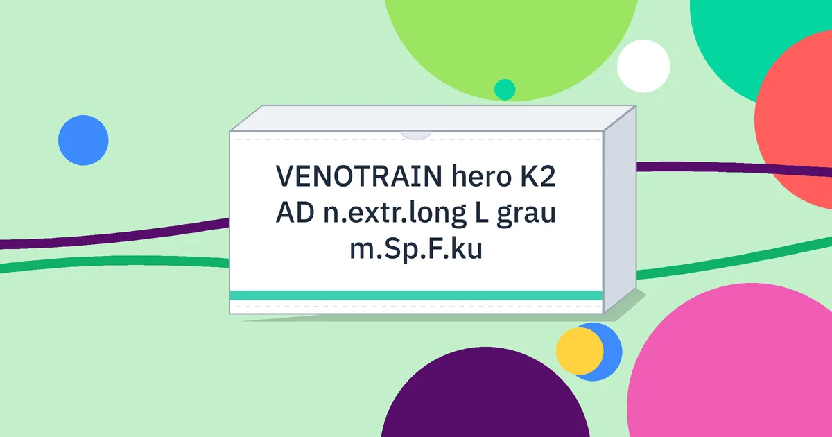Symbolbild: Packung mit der Aufschrift VENOTRAIN hero K2 AD n.extr.long L grau m.Sp.F.ku (PZN 19190262) – Verfügbarkeit und Bezug in Apotheken in Frankfurt am Main