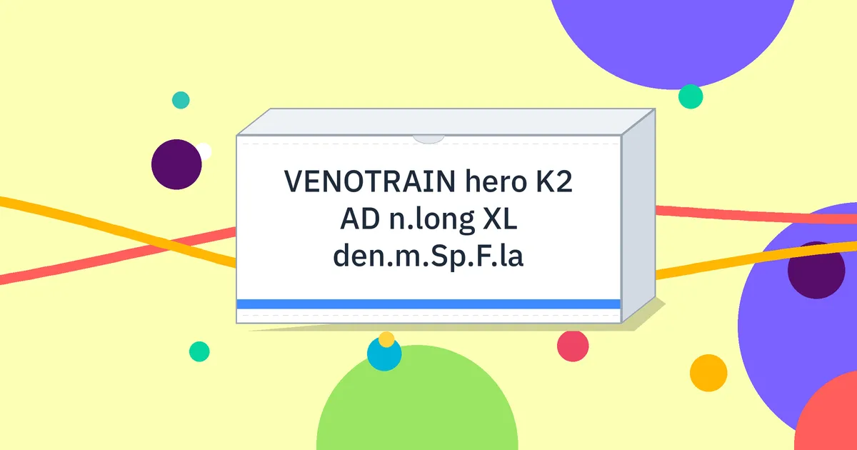 Symbolbild: Packung mit der Aufschrift VENOTRAIN hero K2 AD n.long XL den.m.Sp.F.la (PZN 19191103) – Verfügbarkeit und Bezug in Apotheken in Frankfurt am Main