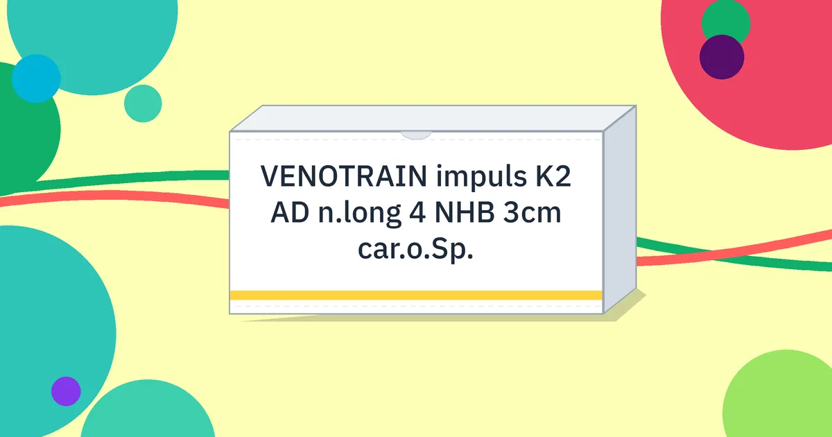 Symbolbild: Packung mit der Aufschrift VENOTRAIN impuls K2 AD n.long 4 NHB 3cm car.o.Sp. (PZN 08427146) – Verfügbarkeit und Bezug in Apotheken in Frankfurt am Main