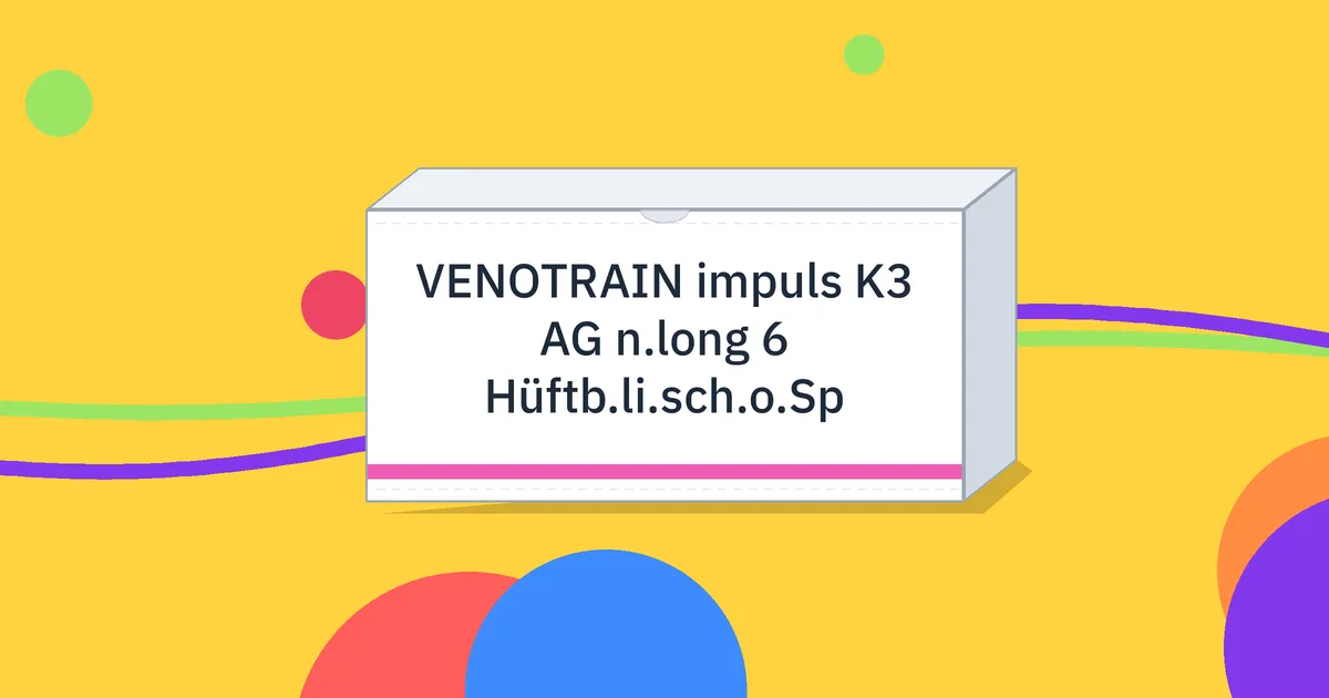 Symbolbild: Packung mit der Aufschrift VENOTRAIN impuls K3 AG n.long 6 Hüftb.li.sch.o.Sp (PZN 10295976) – Verfügbarkeit und Bezug in Apotheken in Frankfurt am Main