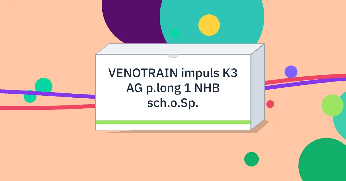 Symbolbild: Packung mit der Aufschrift VENOTRAIN impuls K3 AG p.long 1 NHB sch.o.Sp. (PZN 00542095) – Verfügbarkeit und Bezug in Apotheken in Frankfurt am Main