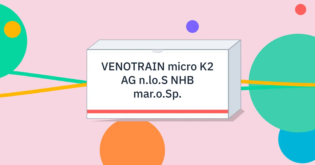 Symbolbild: Packung mit der Aufschrift VENOTRAIN micro K2 AG n.lo.S NHB mar.o.Sp. (PZN 06699484) – Verfügbarkeit und Bezug in Apotheken in Frankfurt am Main