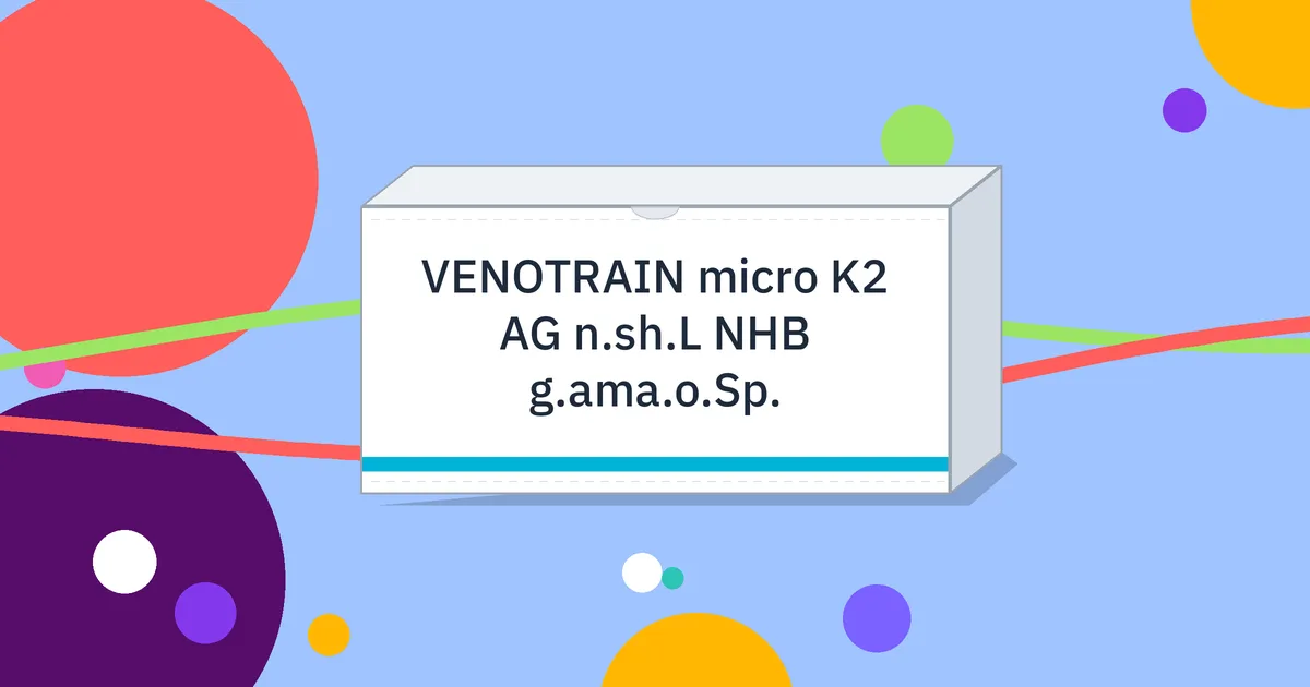 Symbolbild: Packung mit der Aufschrift VENOTRAIN micro K2 AG n.sh.L NHB g.ama.o.Sp. (PZN 05999876) – Verfügbarkeit und Bezug in Apotheken in Frankfurt am Main