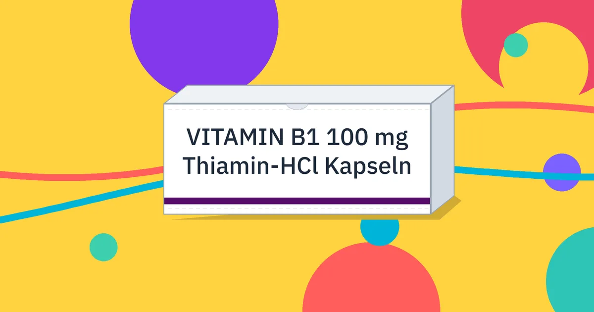 Symbolbild: Packung mit der Aufschrift VITAMIN B1 100 mg Thiamin-HCl Kapseln (PZN 17965871) – Verfügbarkeit und Bezug in Apotheken in Frankfurt am Main