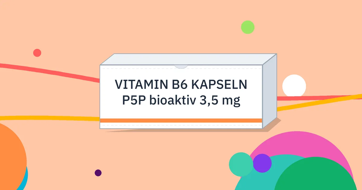 Symbolbild: Packung mit der Aufschrift VITAMIN B6 KAPSELN P5P bioaktiv 3,5 mg (PZN 19151351) – Verfügbarkeit und Bezug in Apotheken in Frankfurt am Main
